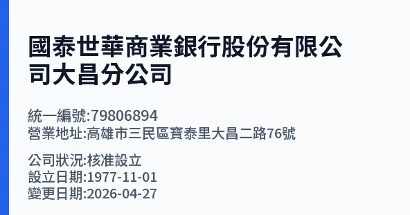 國泰世華商業銀行股份有限公司大昌分公司的照片-統編 79806894(高雄市) 公司登記資料與營業項目詳細圖表