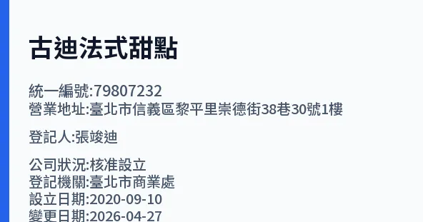 古迪法式甜點的照片-統編 79807232(臺北市) 公司登記資料與營業項目詳細圖表
