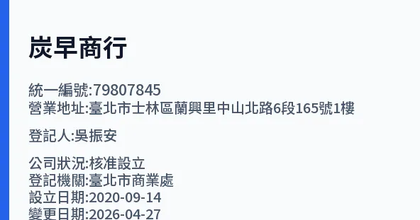 炭早商行的照片-統編 79807845(臺北市) 公司登記資料與營業項目詳細圖表