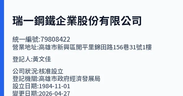 瑞一鋼鐵企業股份有限公司的照片-統編 79808422(高雄市) 公司登記資料與營業項目詳細圖表