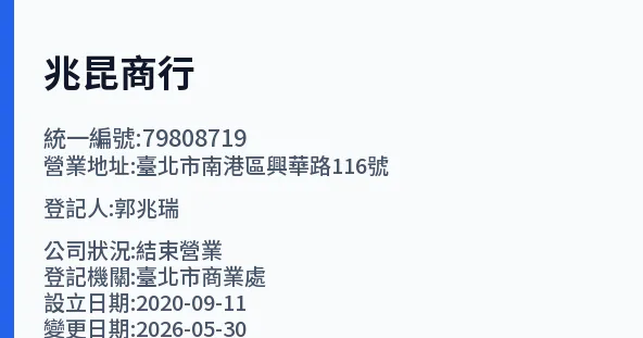 兆昆商行的照片-統編 79808719(臺北市) 公司登記資料與營業項目詳細圖表