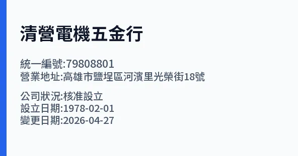 清營電機五金行的照片-統編 79808801(高雄市) 公司登記資料與營業項目詳細圖表