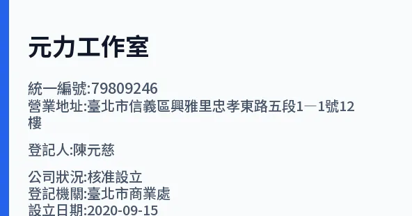 元力工作室的照片-統編 79809246(臺北市) 公司登記資料與營業項目詳細圖表