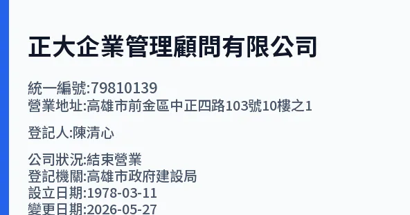 正大企業管理顧問有限公司的照片-統編 79810139(高雄市) 公司登記資料與營業項目詳細圖表
