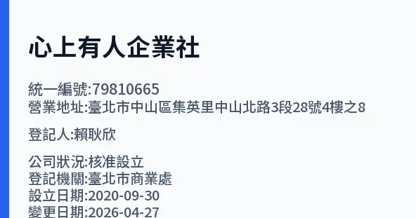 心上有人企業社的照片-統編 79810665(臺北市) 公司登記資料與營業項目詳細圖表