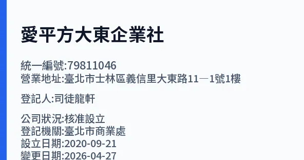 愛平方大東企業社的照片-統編 79811046(臺北市) 公司登記資料與營業項目詳細圖表