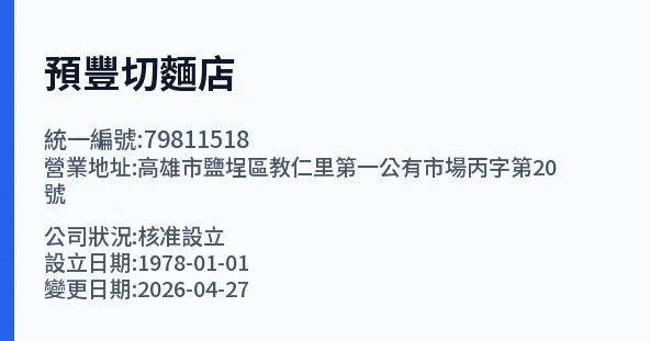 預豐切麵店的照片-統編 79811518(高雄市) 公司登記資料與營業項目詳細圖表