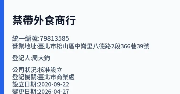 禁帶外食商行的照片-統編 79813585(臺北市) 公司登記資料與營業項目詳細圖表