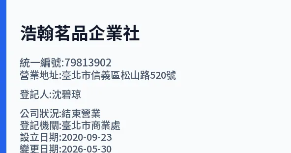 浩翰茗品企業社的照片-統編 79813902(臺北市) 公司登記資料與營業項目詳細圖表