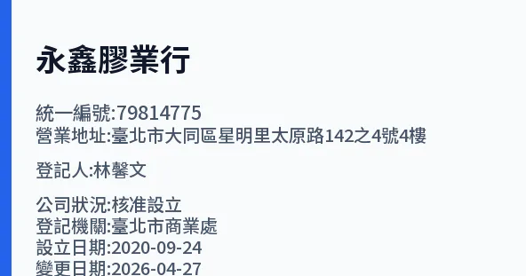 永鑫膠業行的照片-統編 79814775(臺北市) 公司登記資料與營業項目詳細圖表