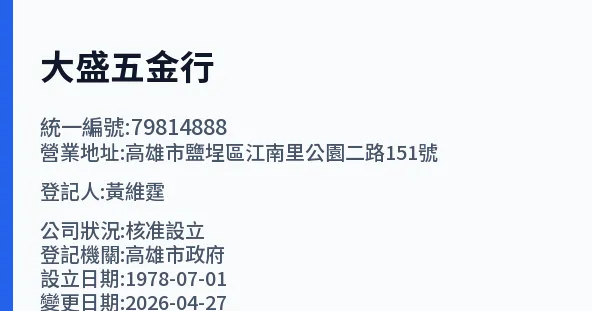 大盛五金行的照片-統編 79814888(高雄市) 公司登記資料與營業項目詳細圖表