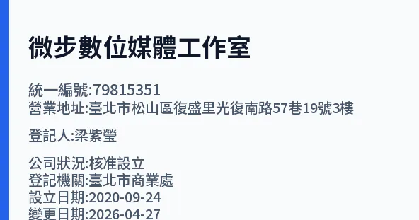 微步數位媒體工作室的照片-統編 79815351(臺北市) 公司登記資料與營業項目詳細圖表