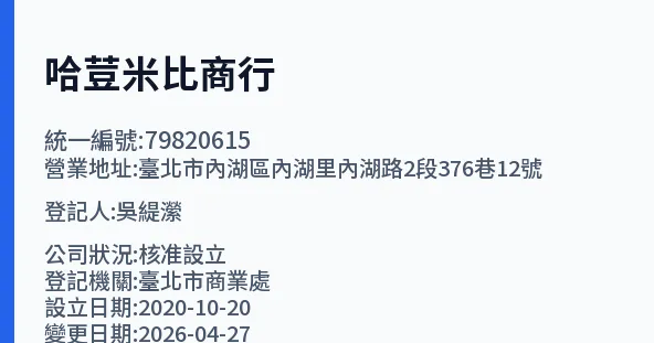 哈荳米比商行的照片-統編 79820615(臺北市) 公司登記資料與營業項目詳細圖表
