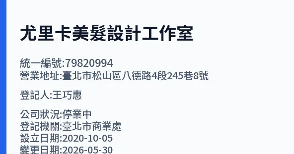 尤里卡美髮設計工作室的照片-統編 79820994(臺北市) 公司登記資料與營業項目詳細圖表