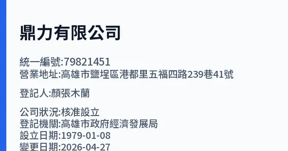 鼎力有限公司的照片-統編 79821451(高雄市) 公司登記資料與營業項目詳細圖表
