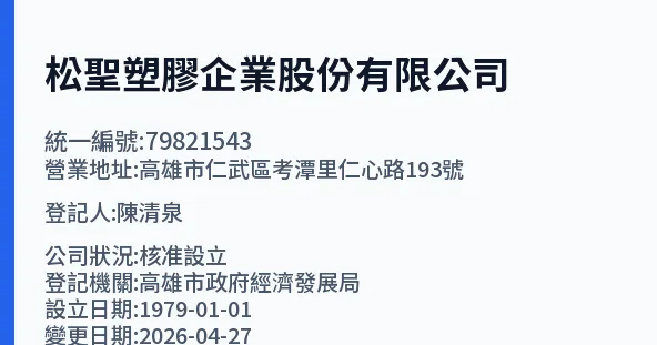 松聖塑膠企業股份有限公司的照片-統編 79821543(高雄市) 公司登記資料與營業項目詳細圖表