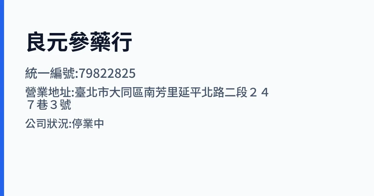 良元參藥行 - 統編 79822825(臺北市) 公司登記資料與營業項目詳細圖表