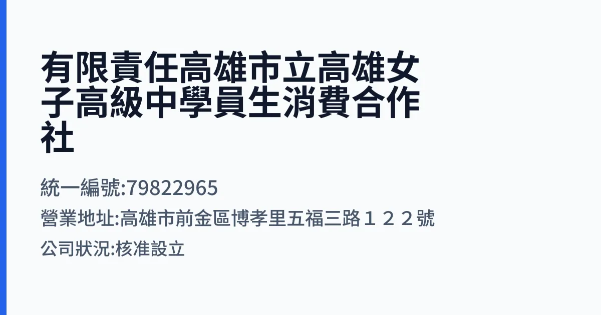 有限責任高雄市立高雄女子高級中學員生消費合作社 - 統編 79822965（高雄市） 公司登記資料與營業項目詳細圖表