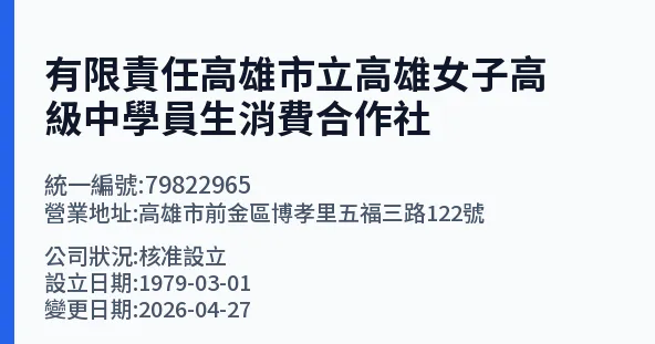 有限責任高雄市立高雄女子高級中學員生消費合作社的照片-統編 79822965(高雄市) 公司登記資料與營業項目詳細圖表