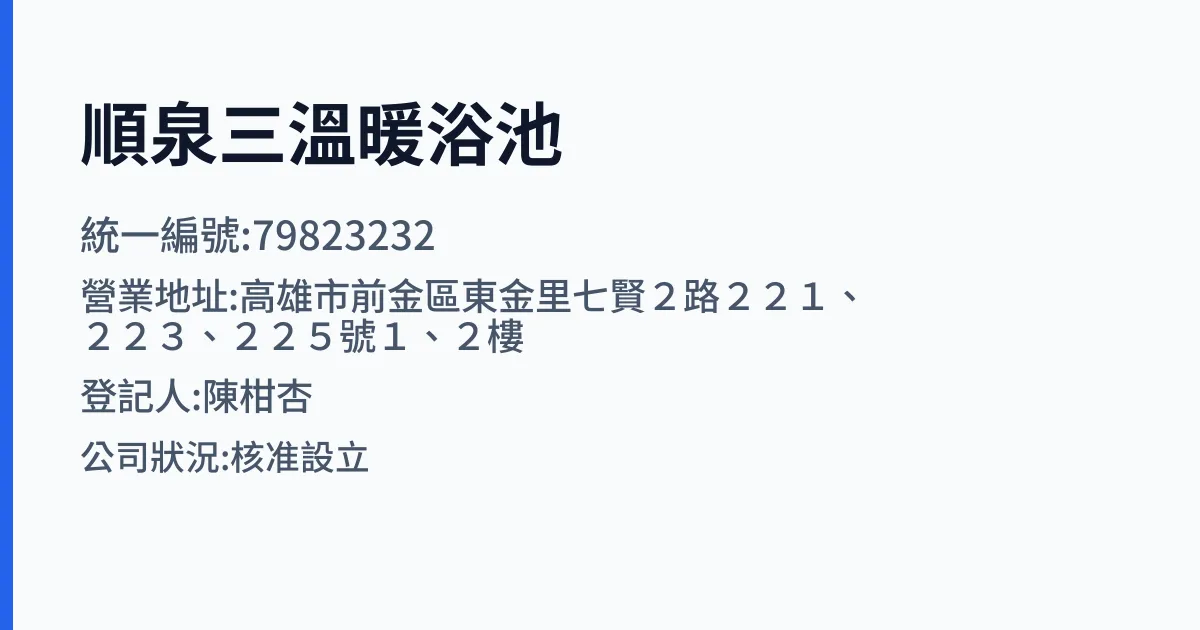 順泉三溫暖浴池 - 統編 79823232(高雄市) 公司登記資料與營業項目詳細圖表