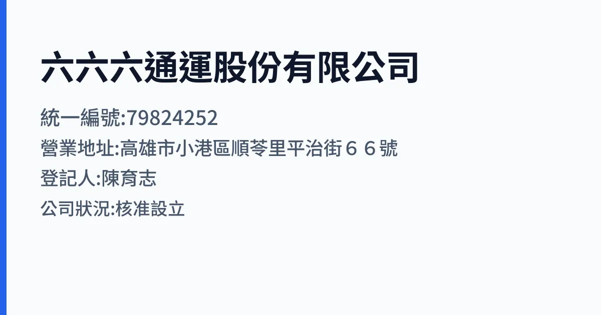 六六六通運股份有限公司 - 統編 79824252(高雄市) 公司登記資料與營業項目詳細圖表
