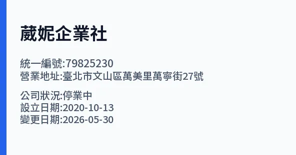 葳妮企業社的照片-統編 79825230(臺北市) 公司登記資料與營業項目詳細圖表