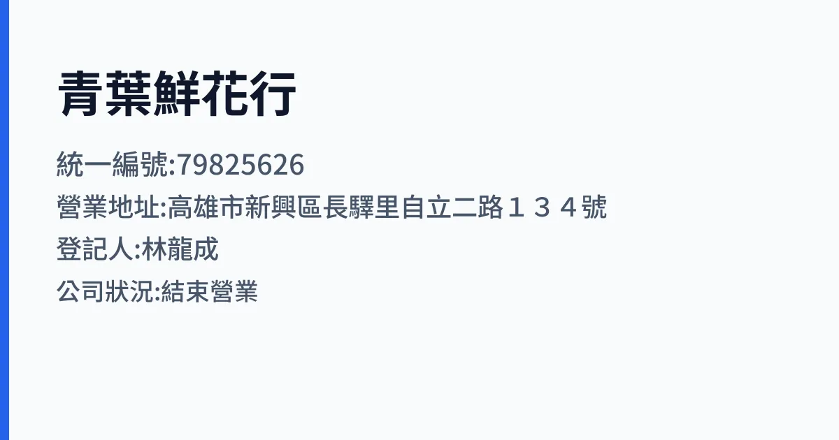 青葉鮮花行 - 統編 79825626(高雄市) 公司登記資料與營業項目詳細圖表