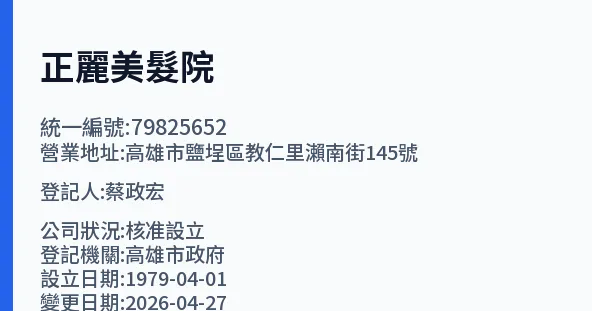 正麗美髮院的照片-統編 79825652(高雄市) 公司登記資料與營業項目詳細圖表