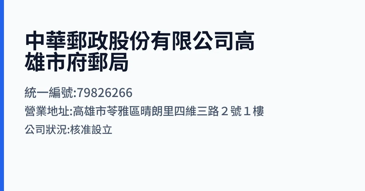 中華郵政股份有限公司高雄市府郵局 - 統編 79826266(高雄市) 公司登記資料與營業項目詳細圖表