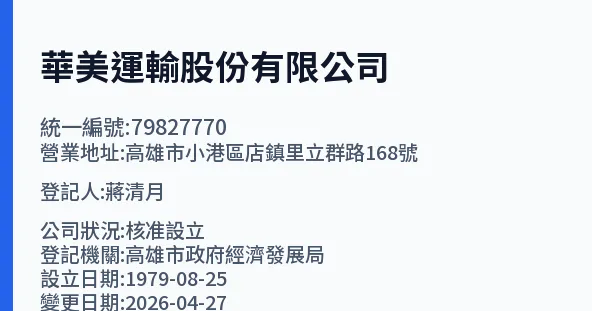 華美運輸股份有限公司的照片-統編 79827770(高雄市) 公司登記資料與營業項目詳細圖表