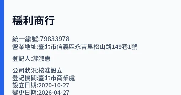 穩利商行的照片-統編 79833978(臺北市) 公司登記資料與營業項目詳細圖表