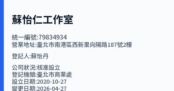蘇怡仁工作室的照片-統編 79834934(臺北市) 公司登記資料與營業項目詳細圖表