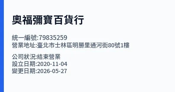 奧福彌寶百貨行的照片-統編 79835259(臺北市) 公司登記資料與營業項目詳細圖表