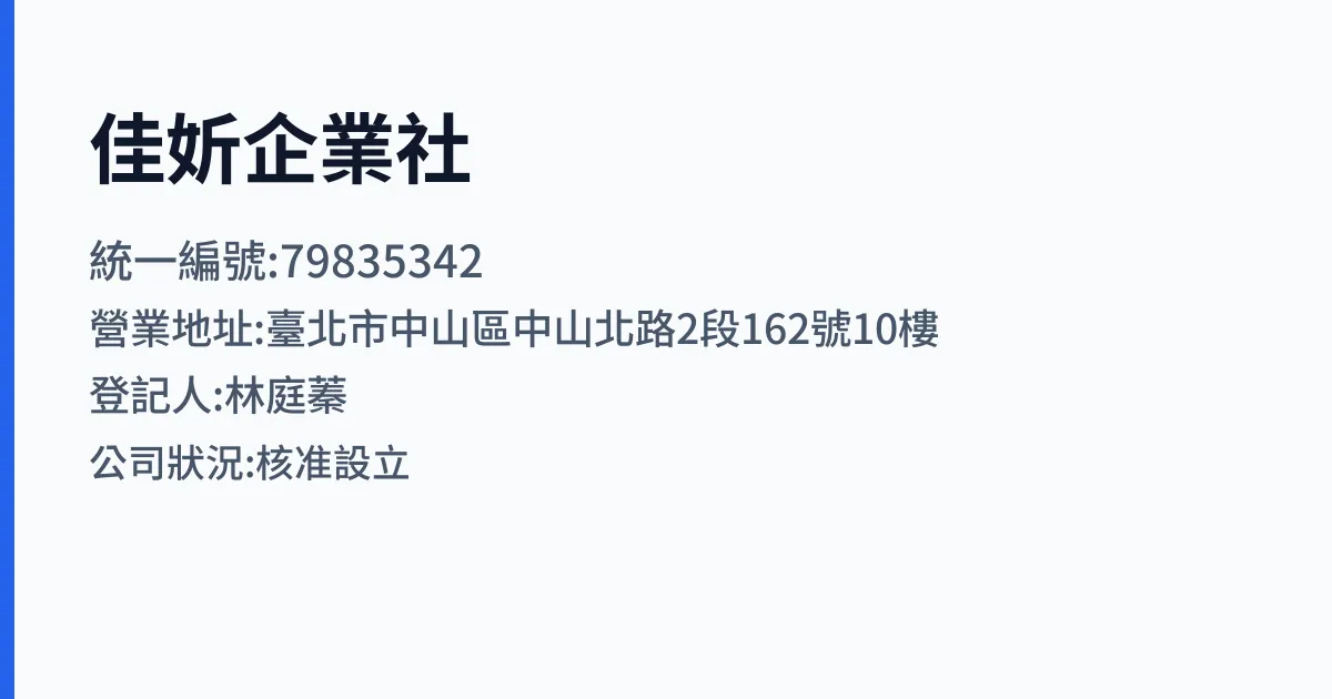 佳妡企業社 - 統編 79835342(臺北市) 公司登記資料與營業項目詳細圖表