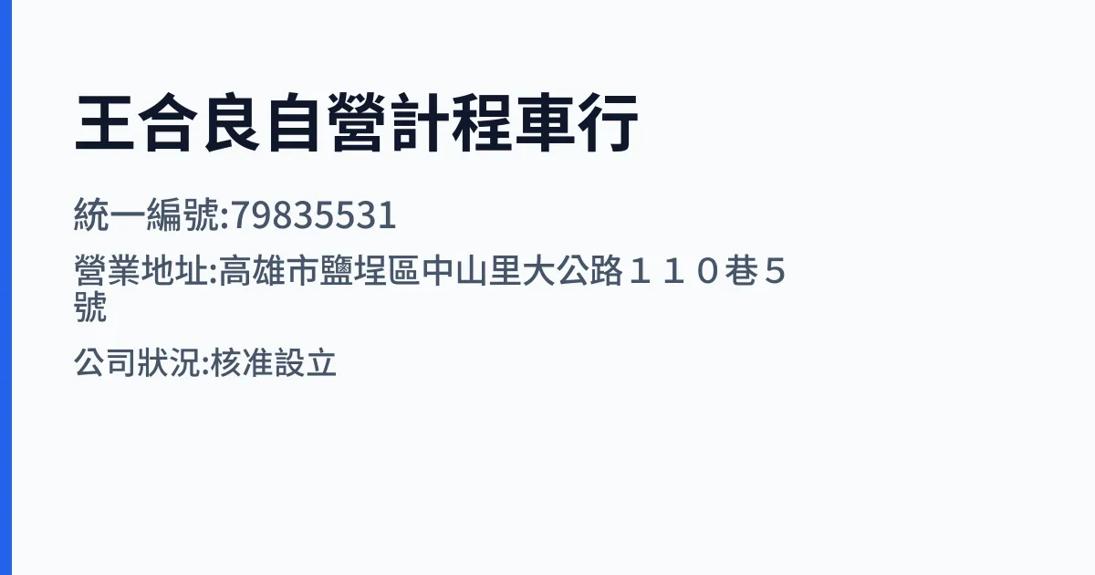 王合良自營計程車行 - 統編 79835531(高雄市) 公司登記資料與營業項目詳細圖表