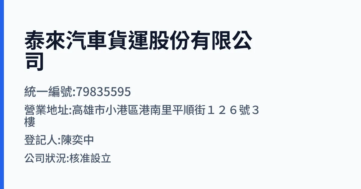 泰來汽車貨運股份有限公司 - 統編 79835595(高雄市) 公司登記資料與營業項目詳細圖表
