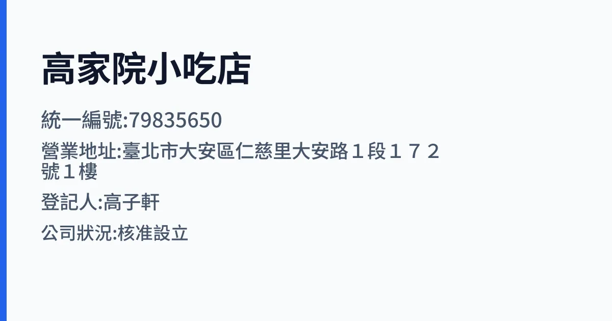 高家院小吃店 - 統編 79835650(臺北市) 公司登記資料與營業項目詳細圖表