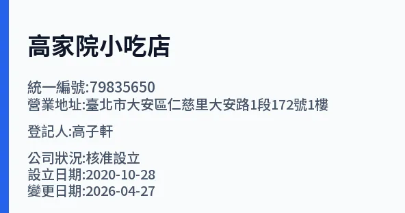 高家院小吃店的照片-統編 79835650(臺北市) 公司登記資料與營業項目詳細圖表