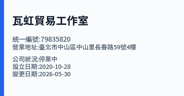 瓦虹貿易工作室的照片-統編 79835820(臺北市) 公司登記資料與營業項目詳細圖表