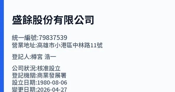 盛餘股份有限公司的照片-統編 79837539(高雄市) 公司登記資料與營業項目詳細圖表