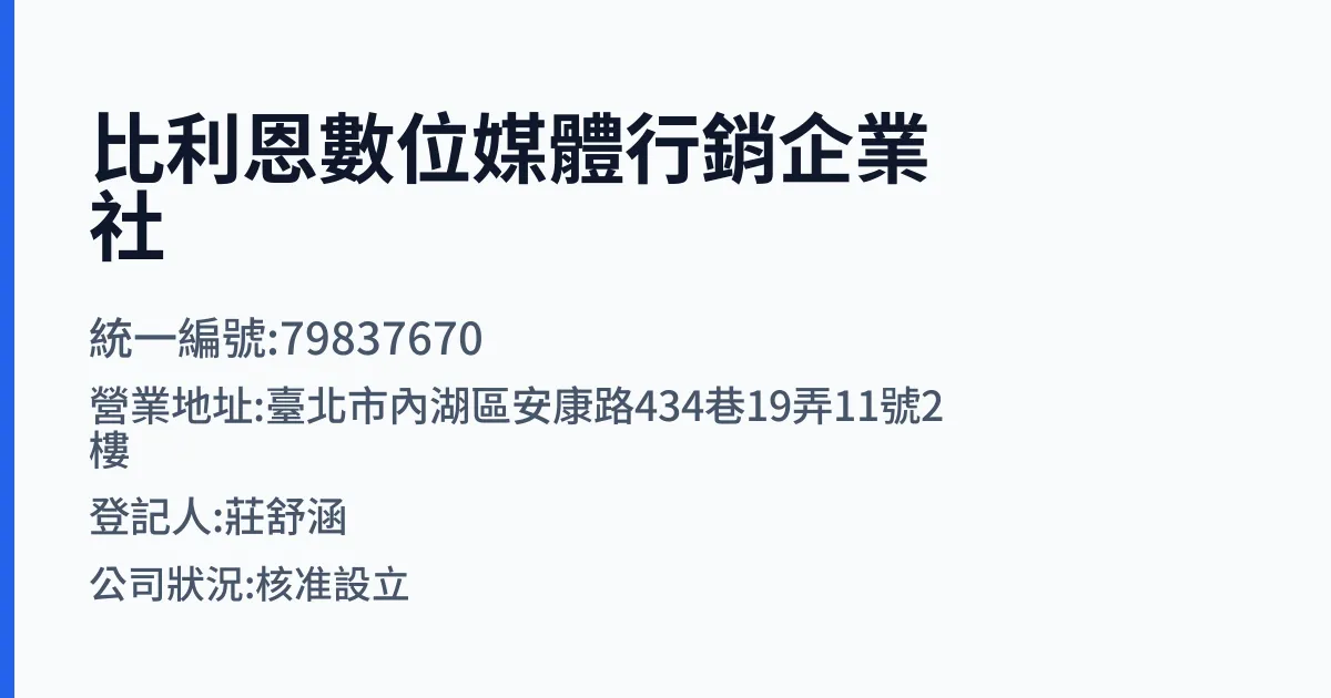 比利恩數位媒體行銷企業社 - 統編 79837670 (臺北市) 公司登記資料與營業項目詳細圖表