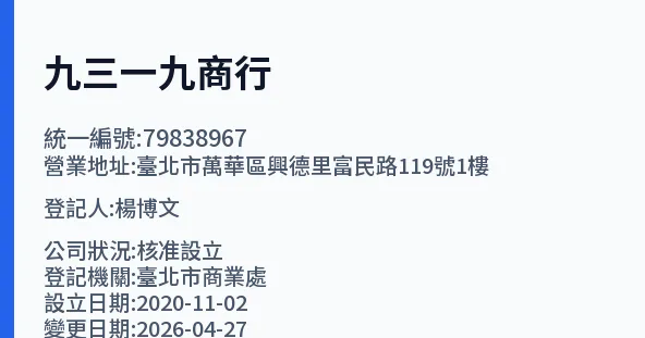 九三一九商行的照片-統編 79838967(臺北市) 公司登記資料與營業項目詳細圖表