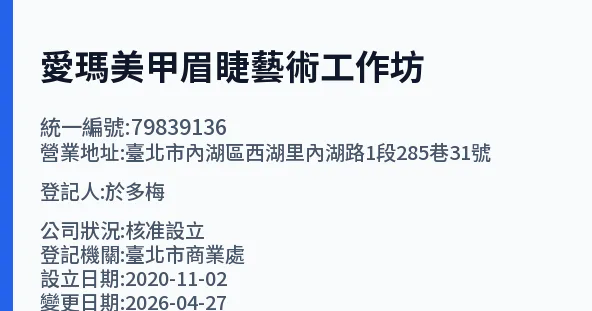 愛瑪美甲眉睫藝術工作坊的照片-統編 79839136(臺北市) 公司登記資料與營業項目詳細圖表