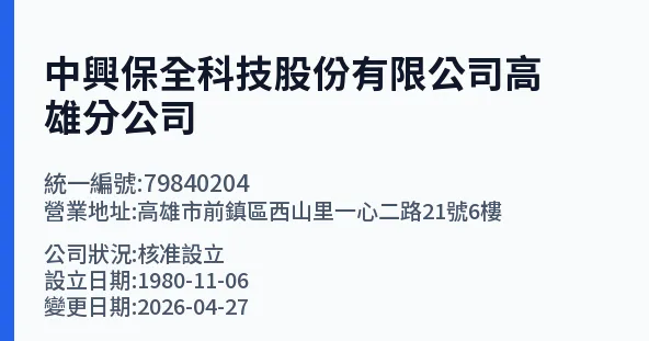 中興保全科技股份有限公司高雄分公司的照片-統編 79840204(高雄市) 公司登記資料與營業項目詳細圖表