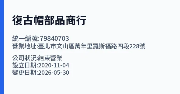 復古帽部品商行的照片-統編 79840703(臺北市) 公司登記資料與營業項目詳細圖表