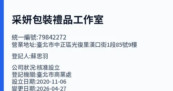 采妍包裝禮品工作室的照片-統編 79842272(臺北市) 公司登記資料與營業項目詳細圖表