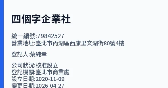 四個字企業社的照片-統編 79842527(臺北市) 公司登記資料與營業項目詳細圖表