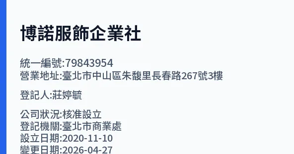 博諾服飾企業社的照片-統編 79843954(臺北市) 公司登記資料與營業項目詳細圖表