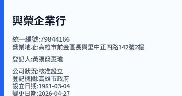 興榮企業行的照片-統編 79844166(高雄市) 公司登記資料與營業項目詳細圖表