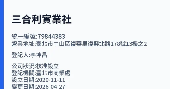 三合利實業社的照片-統編 79844383(臺北市) 公司登記資料與營業項目詳細圖表
